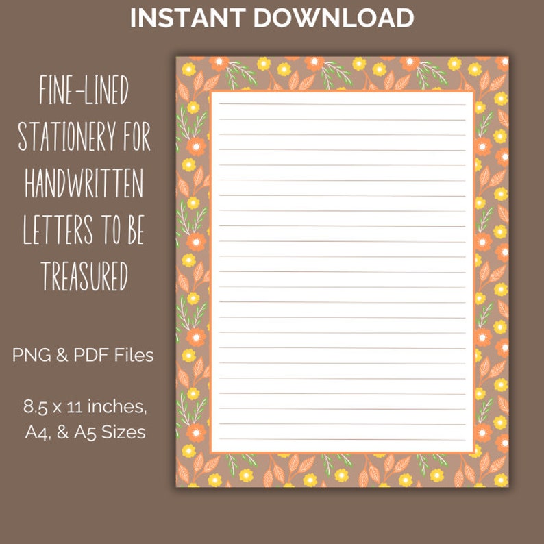 Fall Floral Printable Lined and Unlined Writing Paper, Autumn Floral ...
