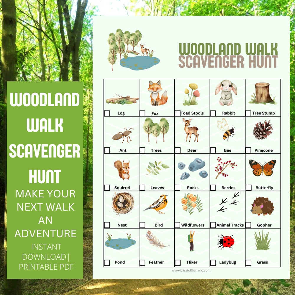 Woodland Walk Scavenger Hunt for Kids Printable, Family Fun Walking ...