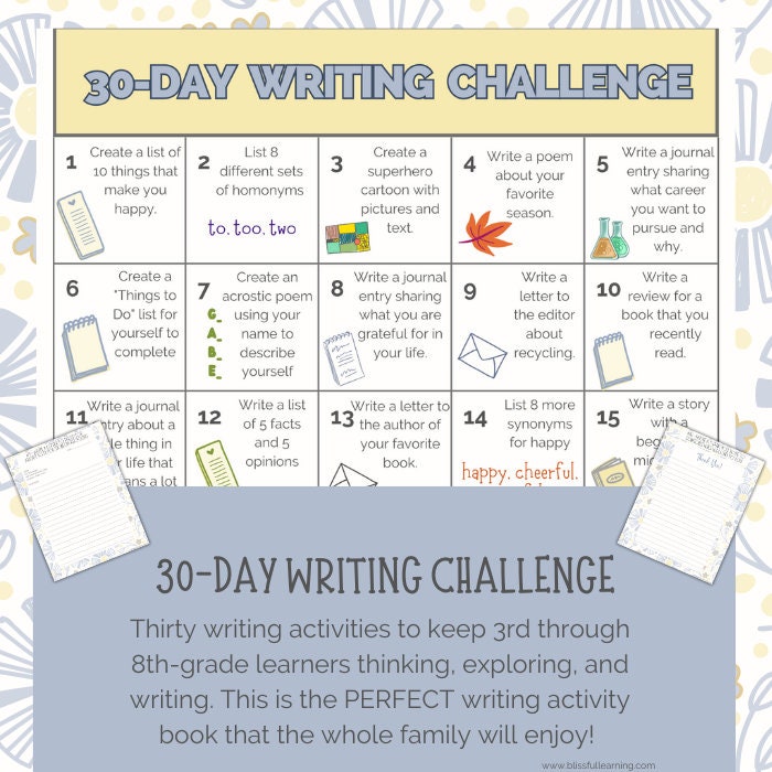 30-day Writing Challenge for Kids: Grades 3-8 (printable) - Etsy