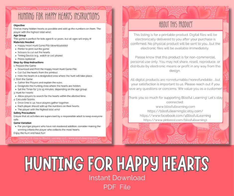 Happy Heart Scavenger Hunt Printable Game Makes Practicing Addition ...