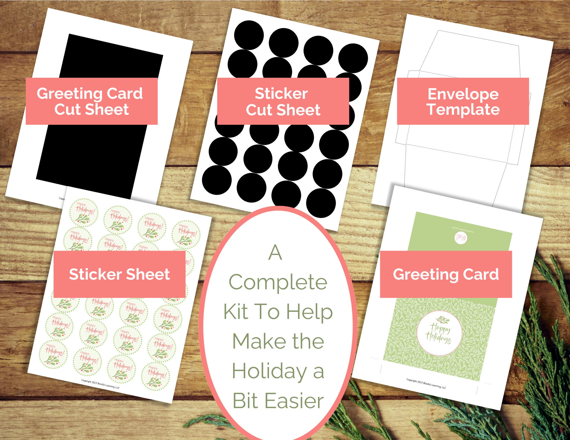 Happy Holiday Printable Card With Round Stickers and Envelope Template ...