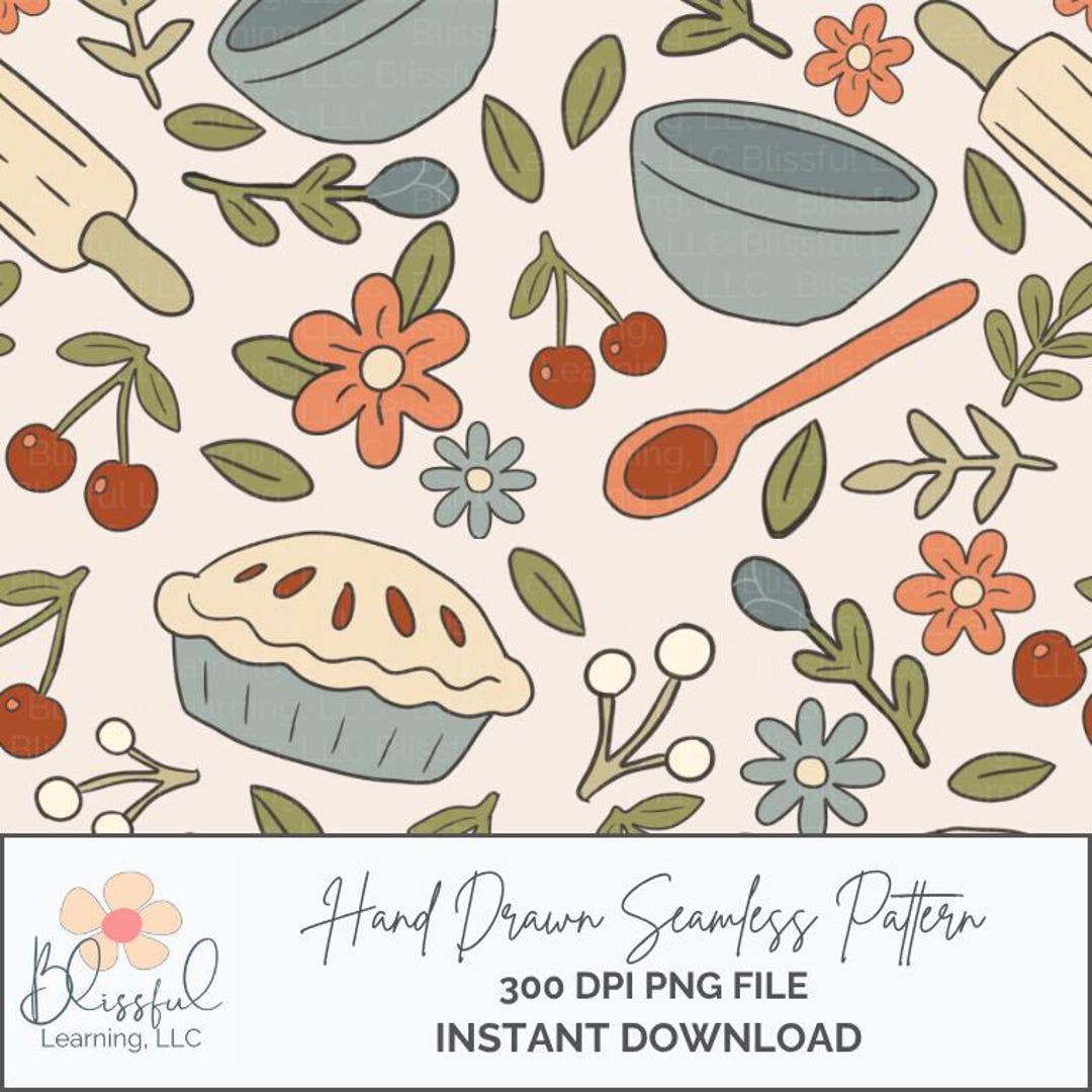 Cottagecore Cherry Pie Seamless Pattern: Hand-drawn Baking Design (300 ...