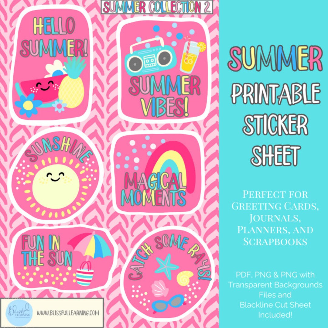 Colorful Summer Sticker Sheet - Beach-themed Printable Stickers PNG ...