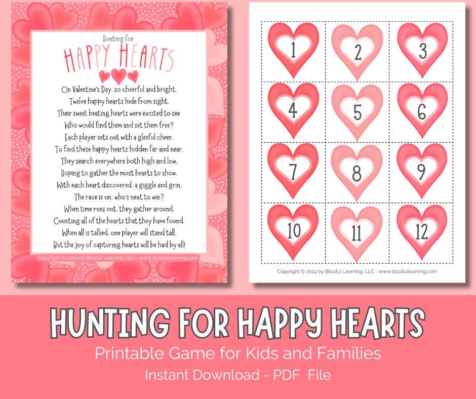 Happy Heart Scavenger Hunt Printable Game Makes Practicing Addition ...