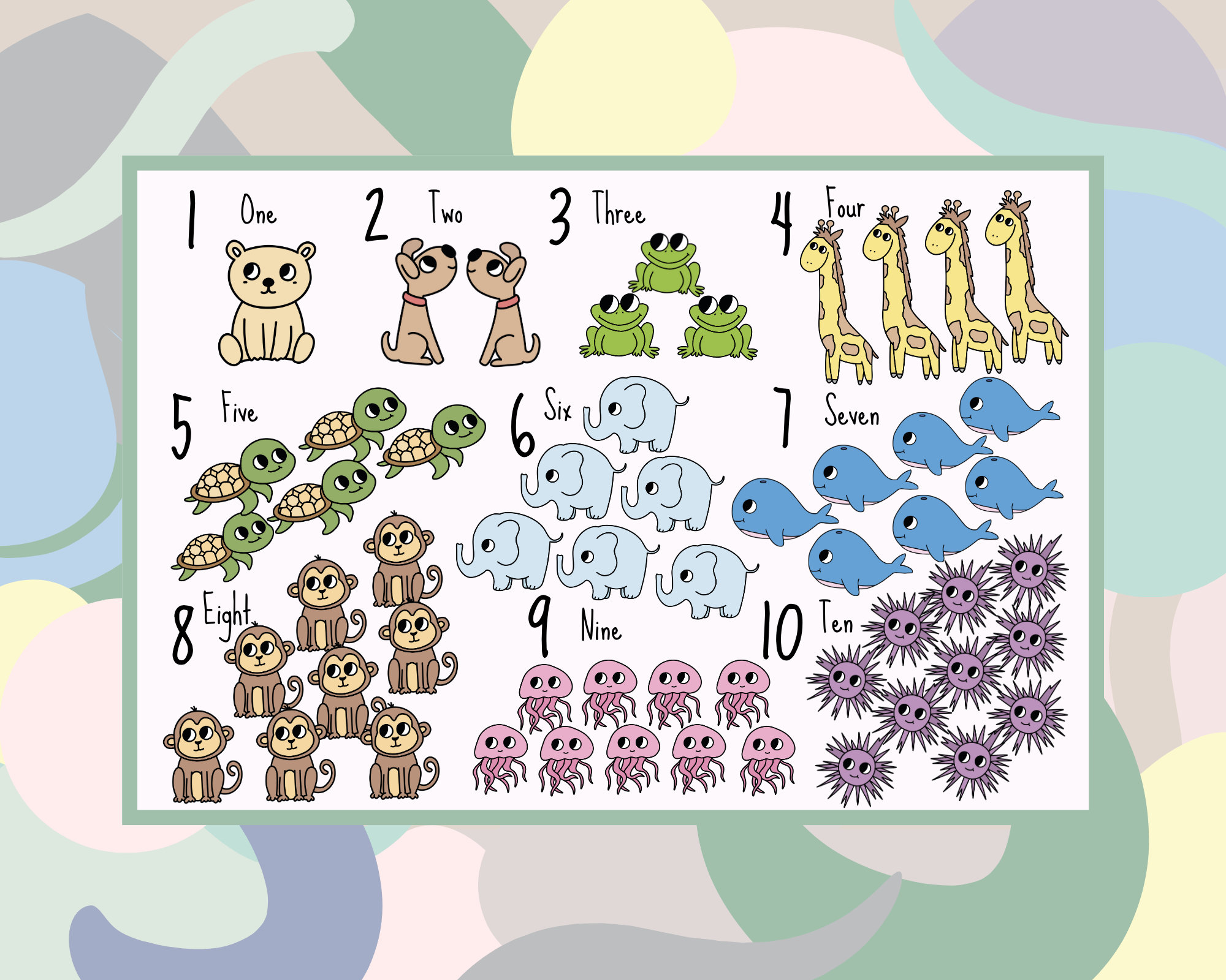 Colorful Animal Number Poster With Abstract Border, Animal Number Print ...