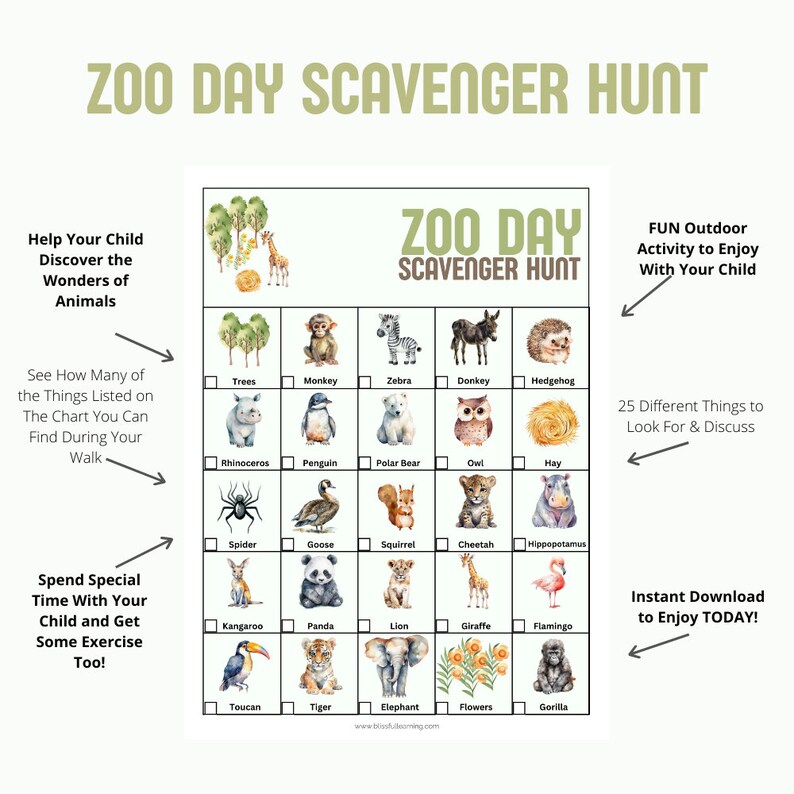 Zoo Day Scavenger Hunt for Kids Printable, Family Fun Game for a Day at ...