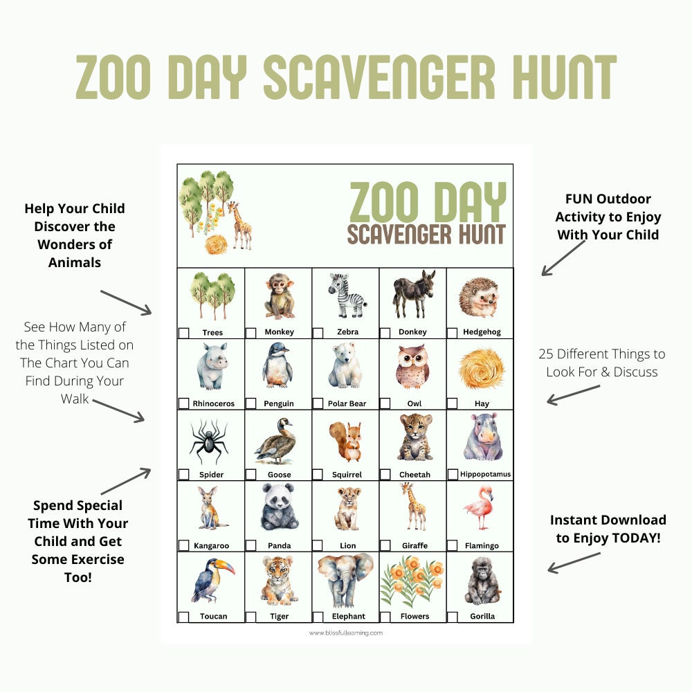 Zoo Day Scavenger Hunt for Kids Printable, Family Fun Game for a Day at ...