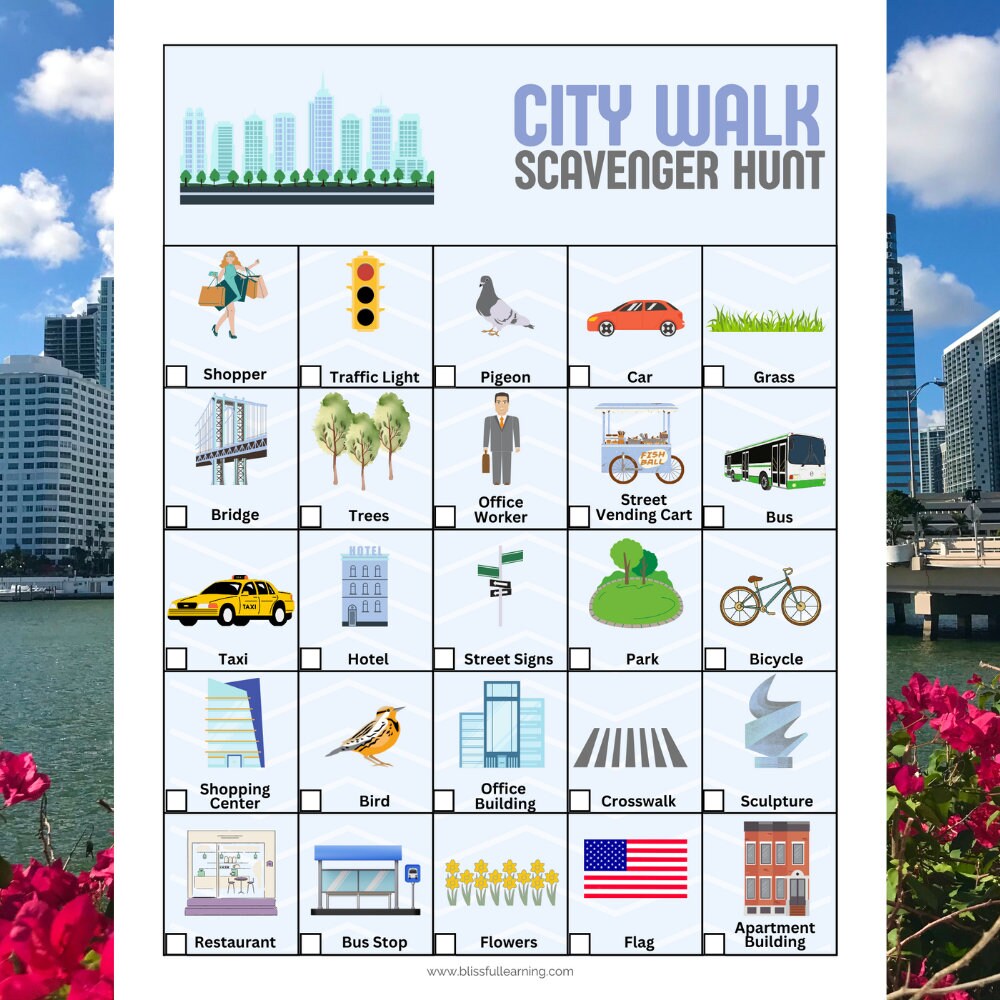 City Walk Scavenger Hunt for Kids Printable, Outdoor Family Walking ...