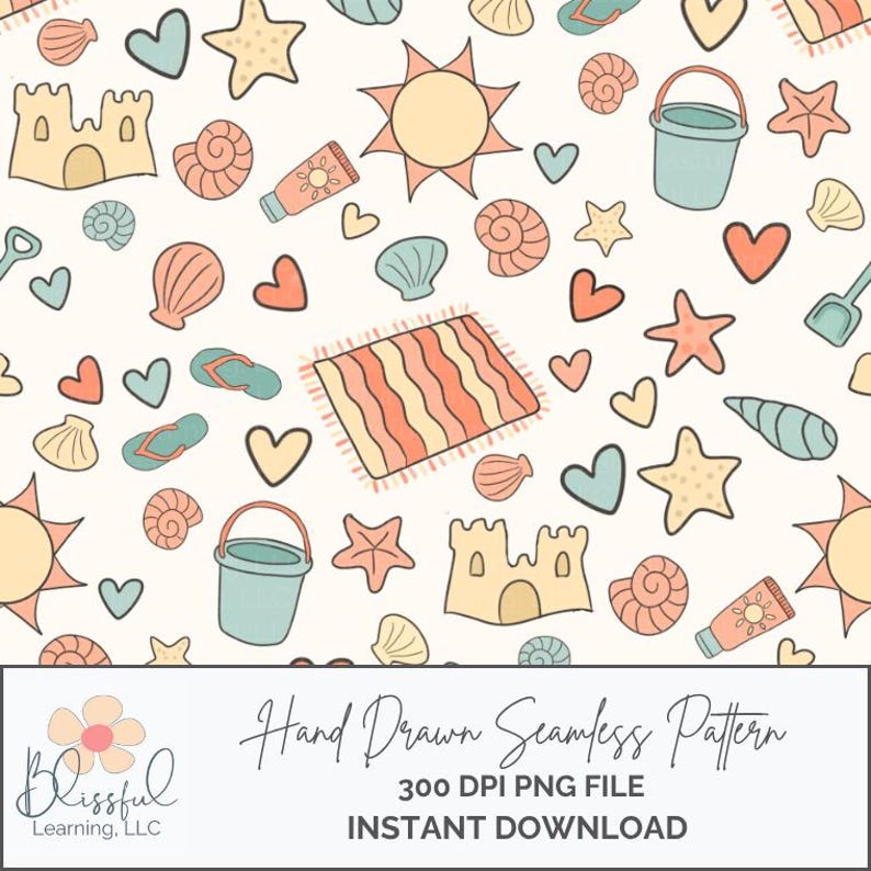 Pastel Beach Seamless Pattern, Fun Summer Vibe Hand Drawn Digital Paper ...