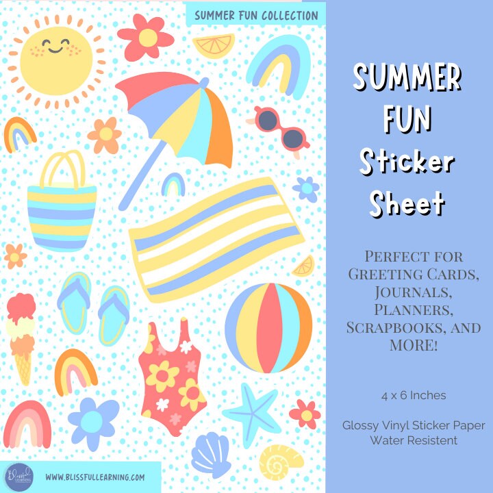 Summer Beach Fun Sticker Set 26 Kiss-cut Stickers on Water-resistant ...