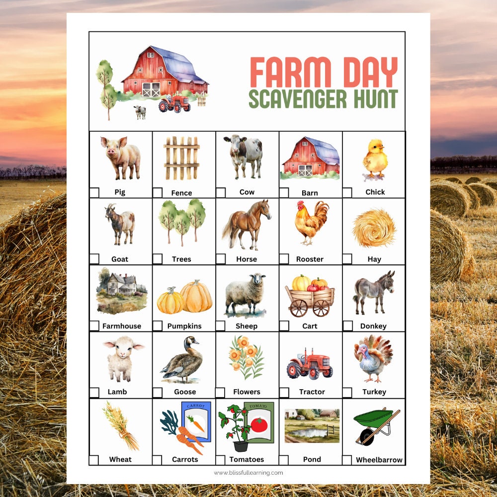 Farm Day Scavenger Hunt for Kids Printable, Farm Visit Game for ...