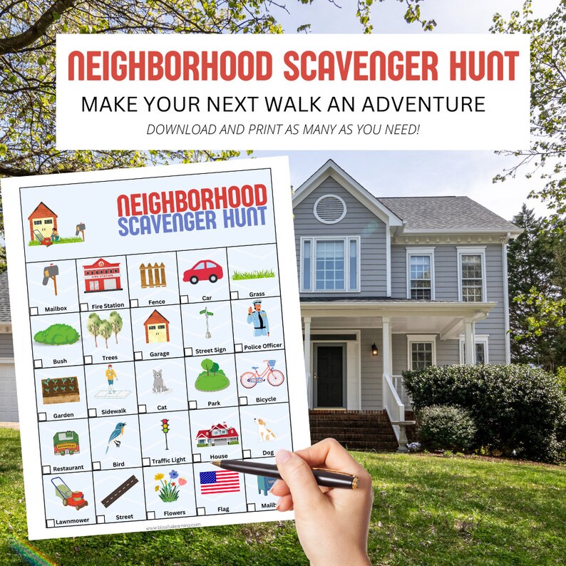 Neighborhood Scavenger Hunt for Kids, Family Outdoor Walking Game ...