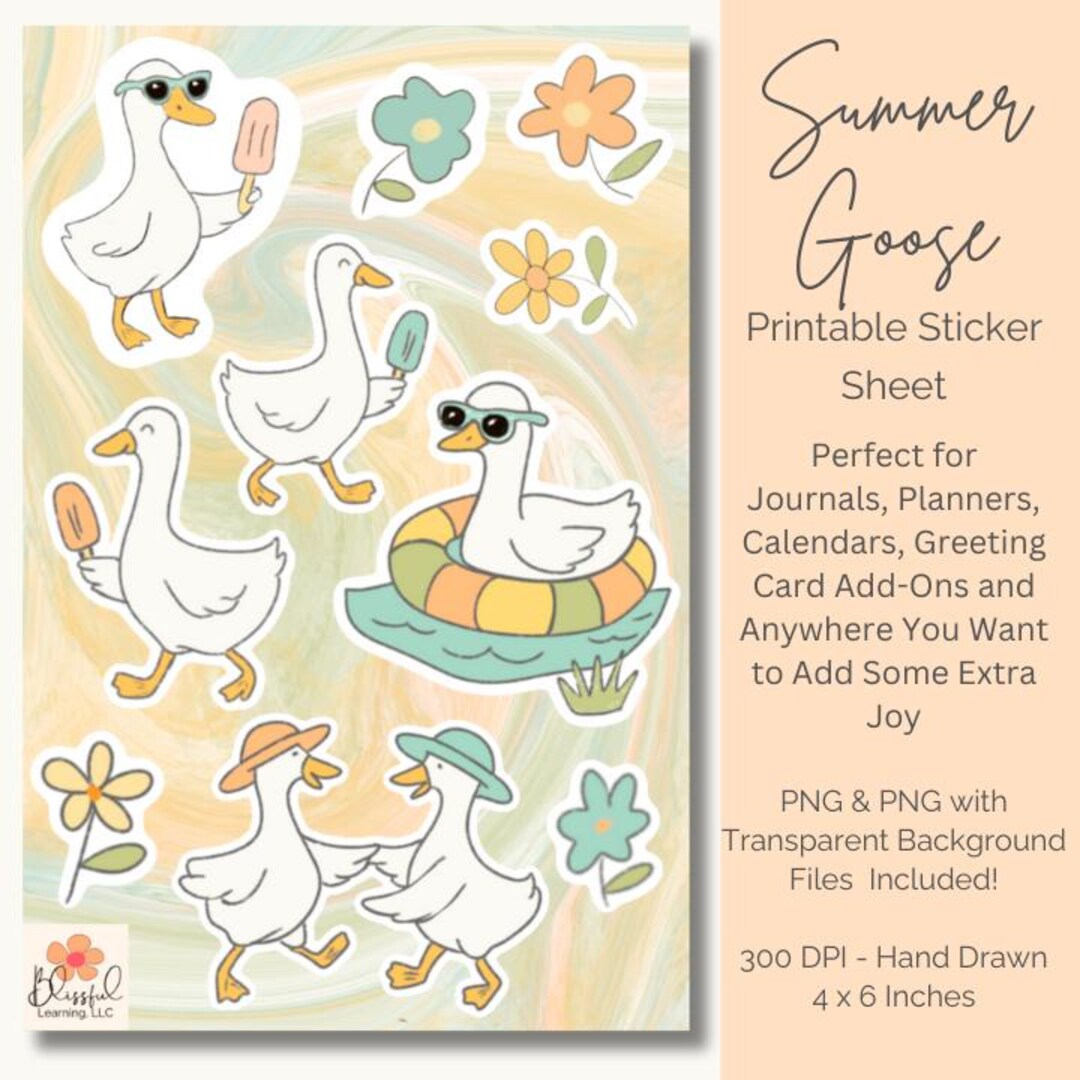 Cute Summer Goose Printable Sticker Sheet, Whimsical Duck Decorative ...