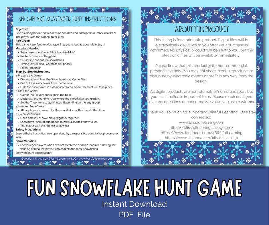 Snowflake Scavenger Hunt Game: Fun Addition Learning Activity for Kids ...