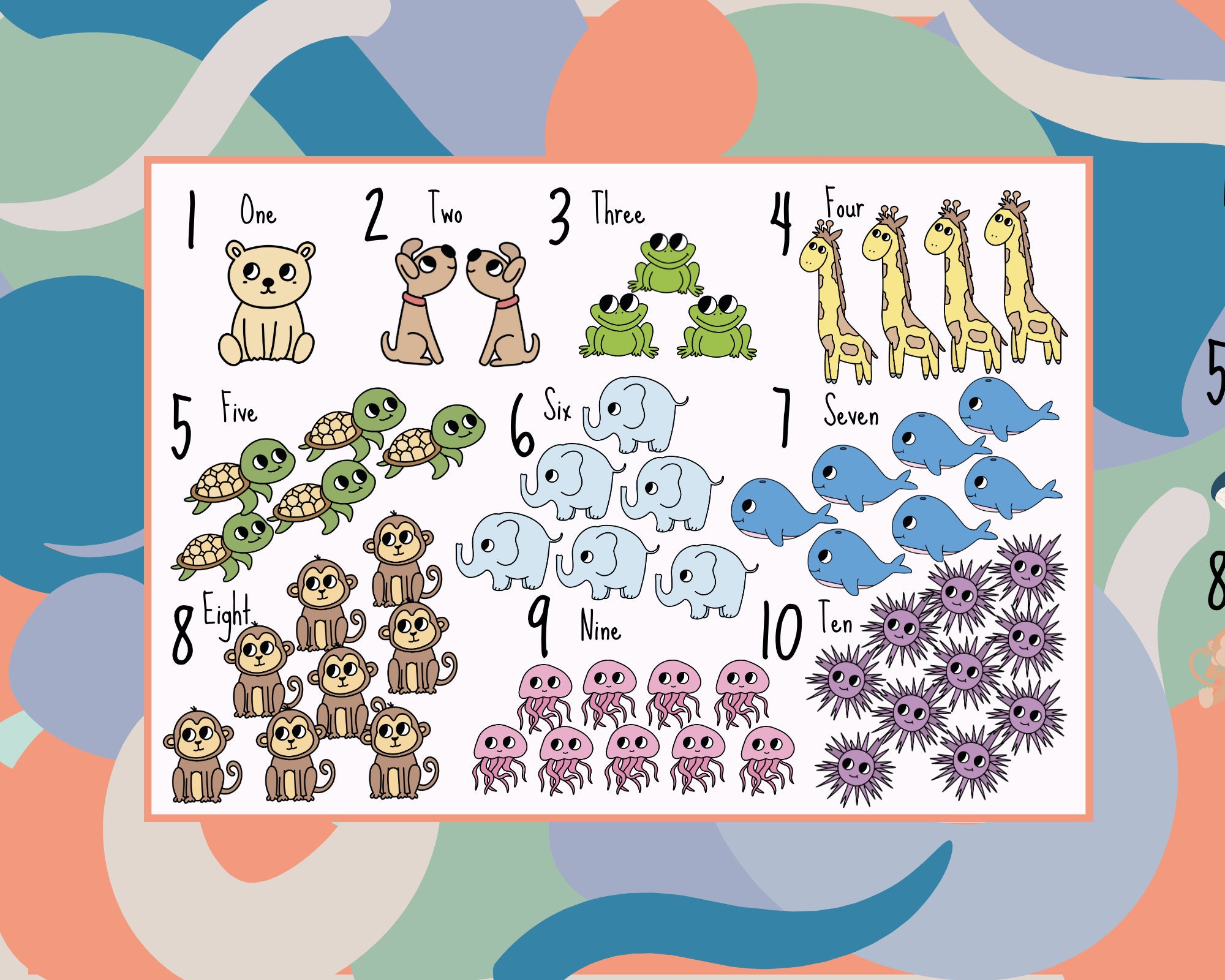 Colorful Animal Number Poster With Abstract Border, Animal 123 Art ...