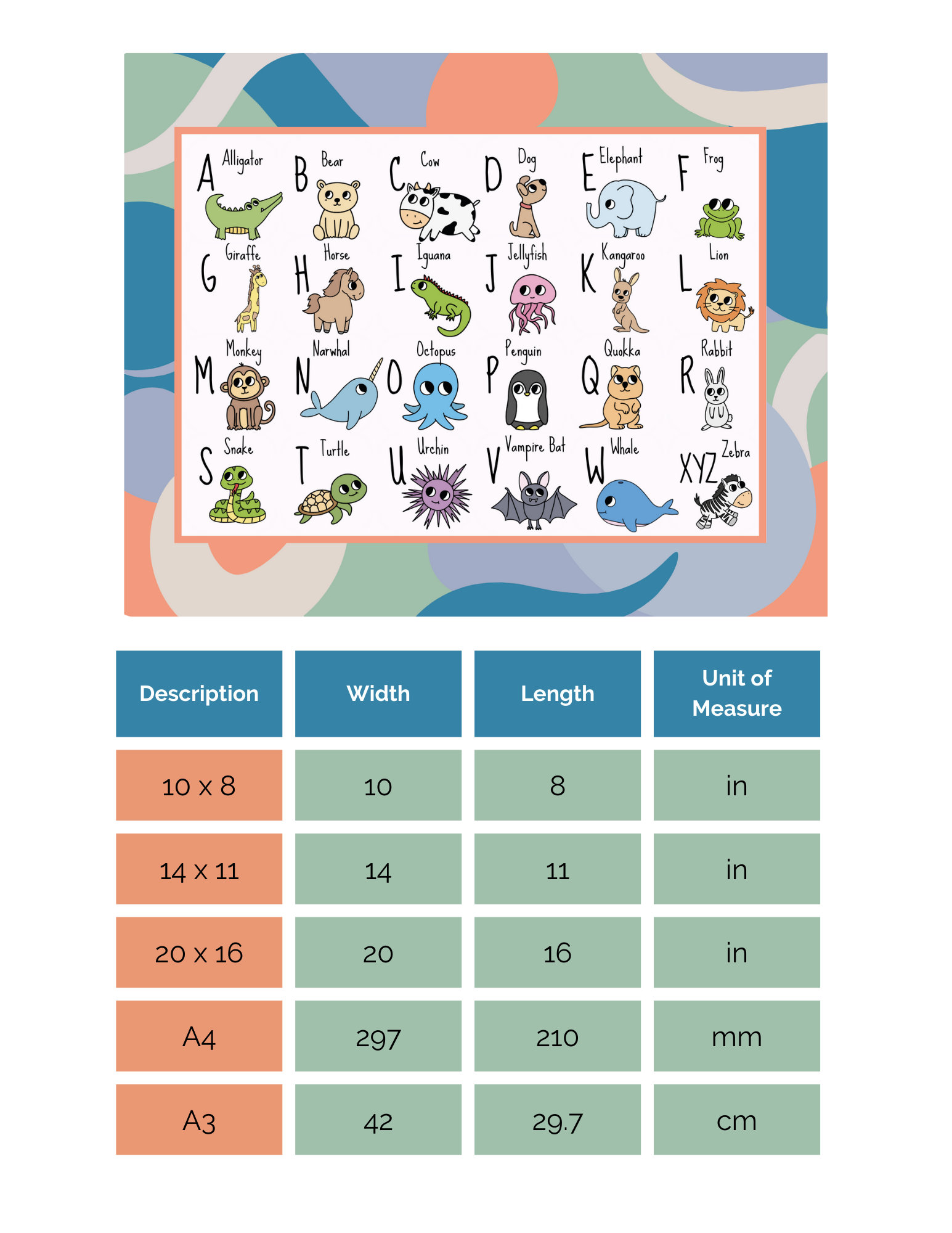 Colorful Animal Alphabet Print With Abstract Border, Alphabet Poster ...