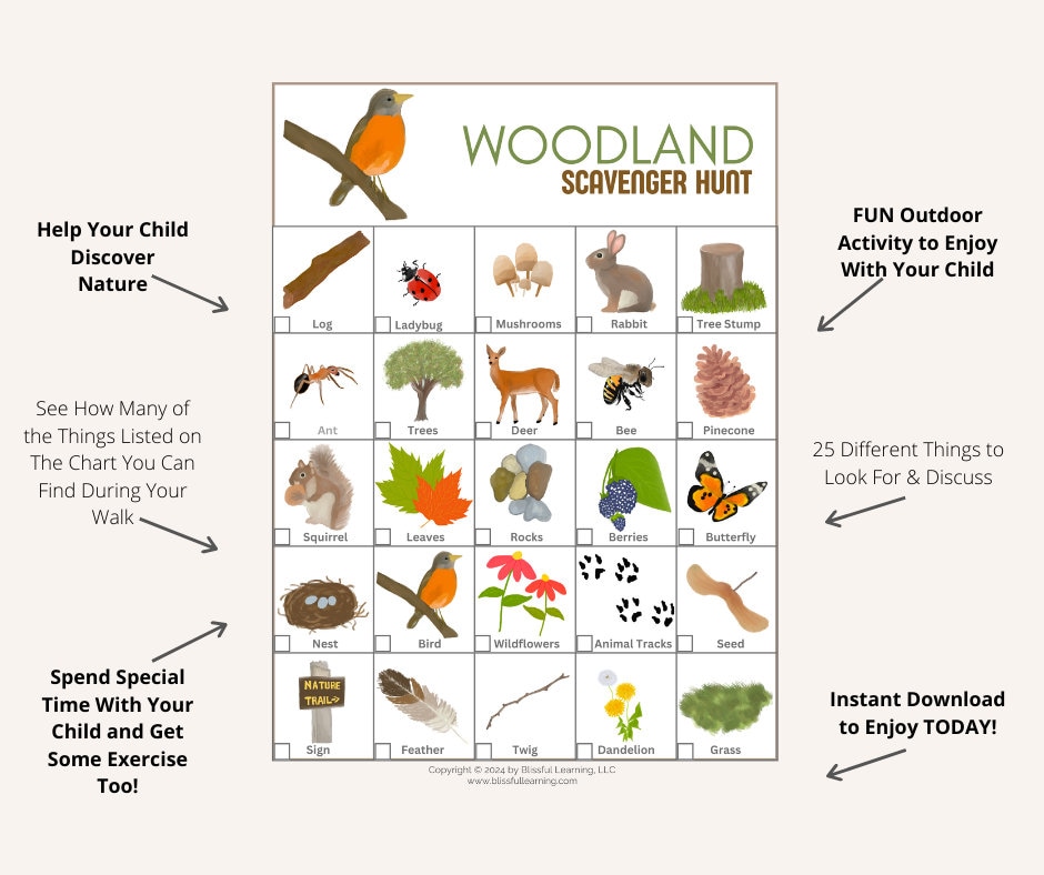Woodland Scavenger Hunt for Kids: Nature Hike Activity (digital ...