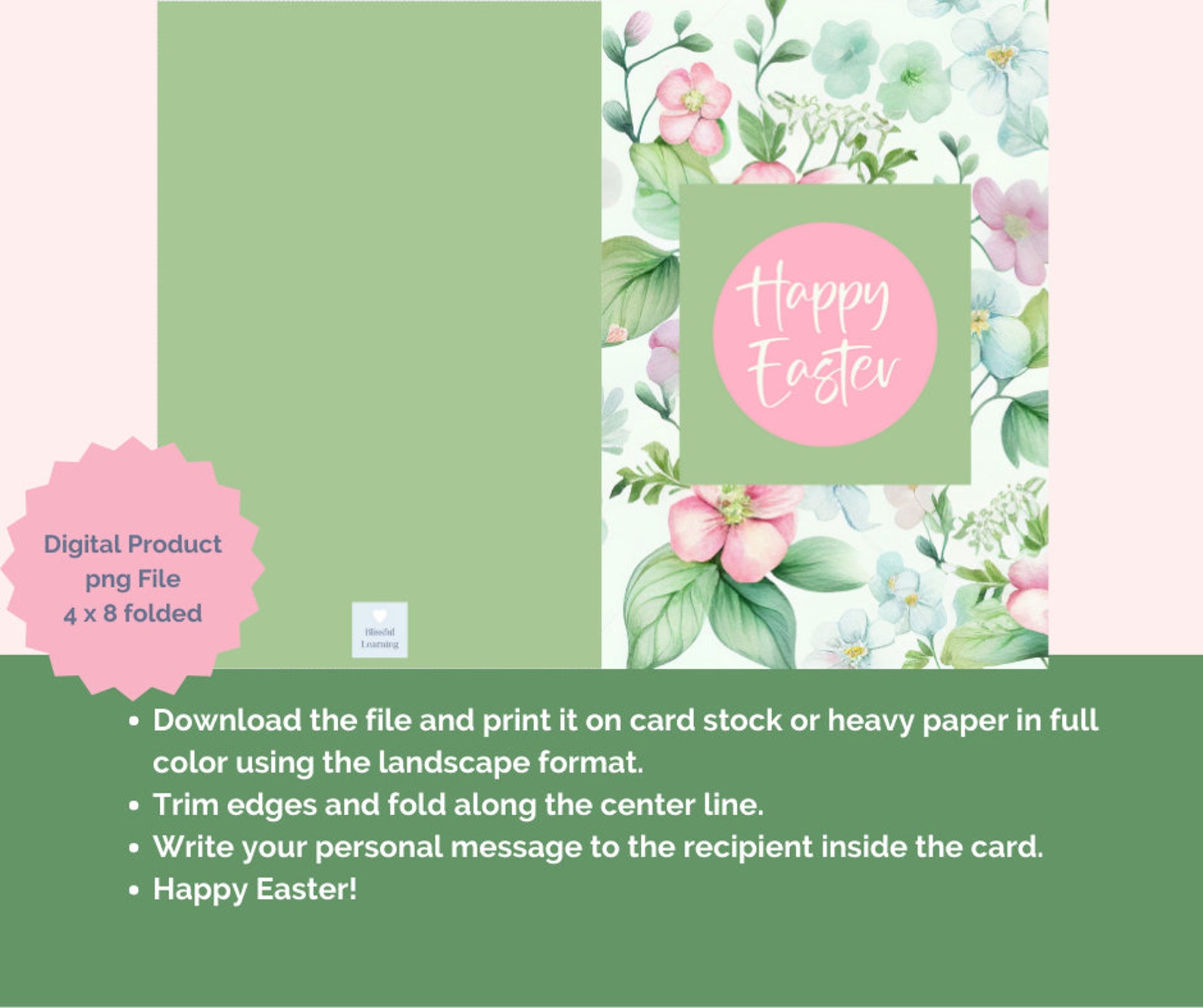 Green Floral Easter Card, Printable Easter Card, Digital Easter Card ...