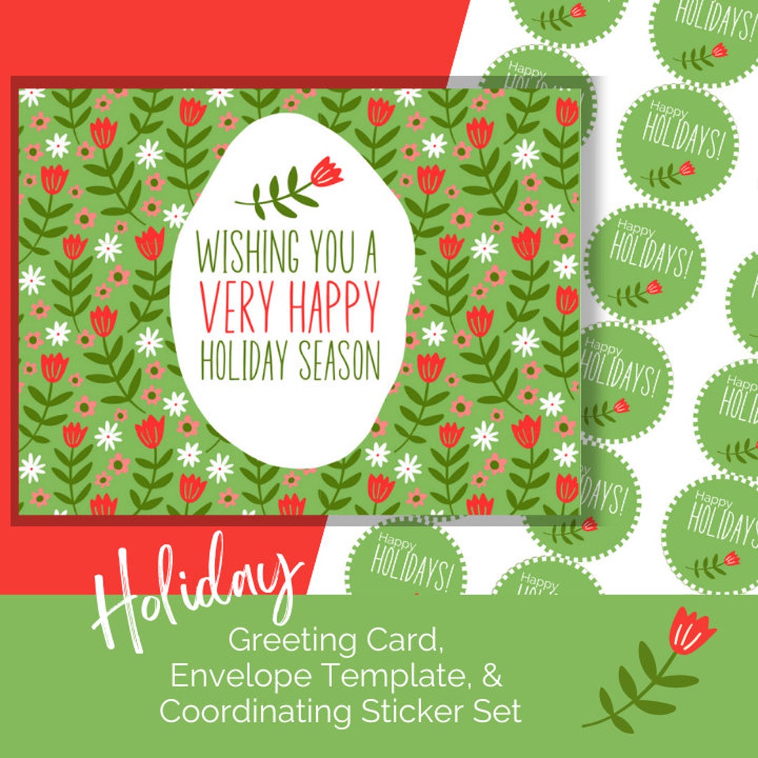 Happy Holiday Printable Card With Round Stickers and Envelope Template ...