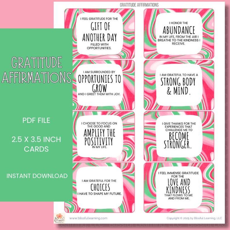 Gratitude Affirmation Cards: Daily Mindfulness Gift Set Printable (PDF ...