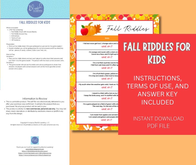 Fall Riddles Game for Kids: Family Activity (PDF Digital Download) - Etsy