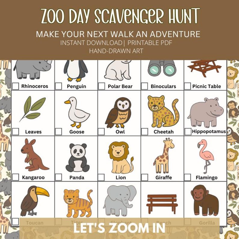 Zoo Day Scavenger Hunt for Kids Printable, Family Fun Game for a Day at ...