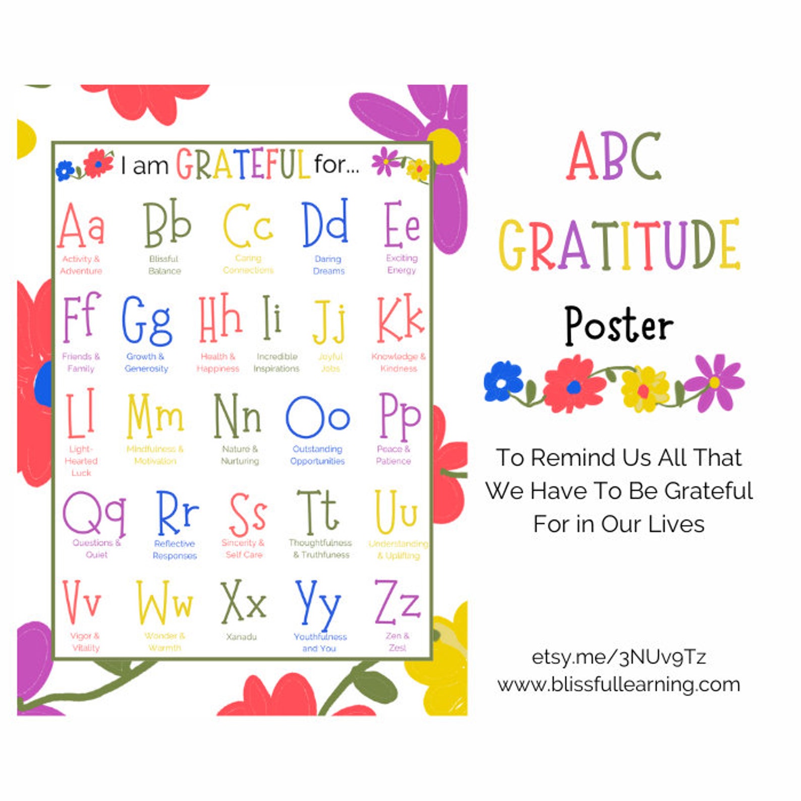 Gratitude ABC Poster: Floral Alphabet Wall Art (downloadable PDF) - Etsy