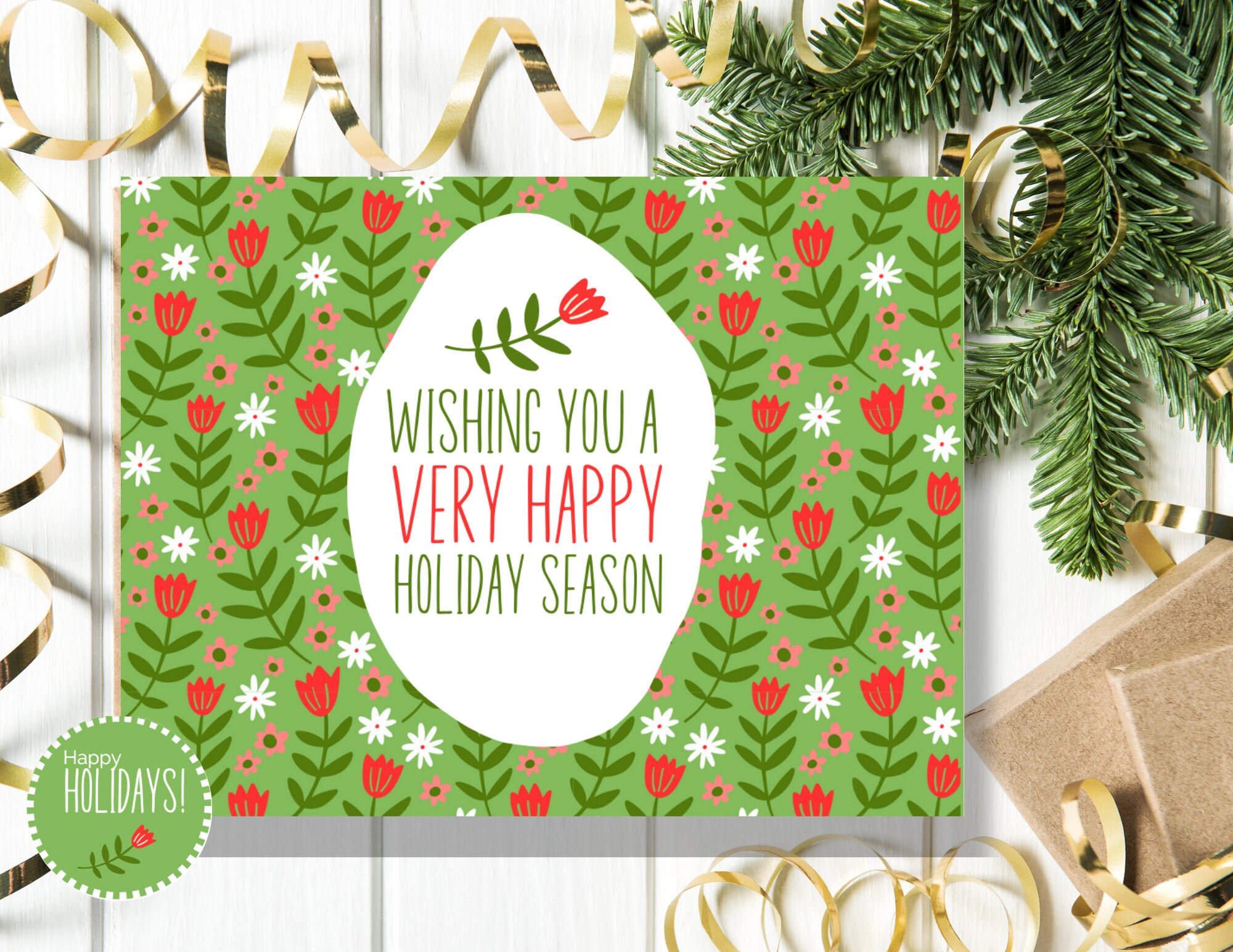 Happy Holiday Printable Card With Round Stickers and Envelope Template ...