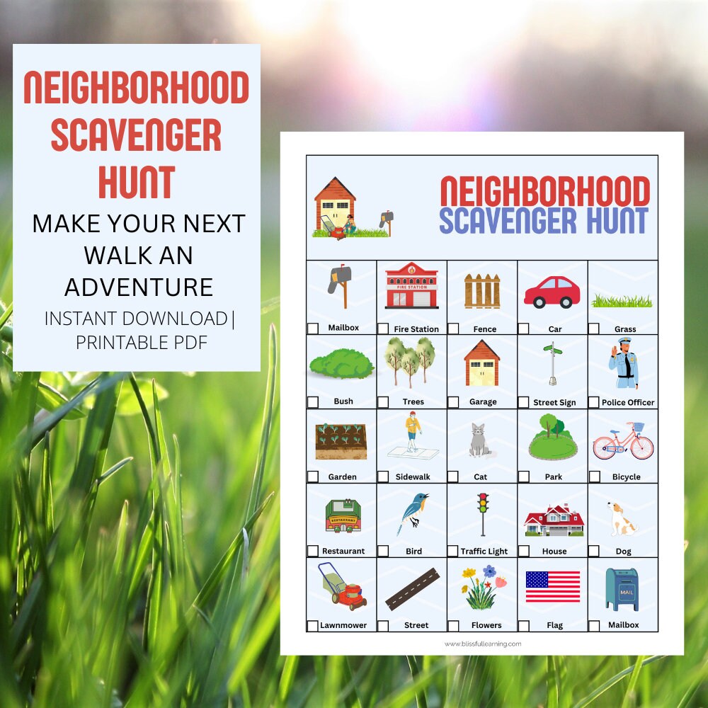 Neighborhood Scavenger Hunt for Kids, Family Outdoor Walking Game ...