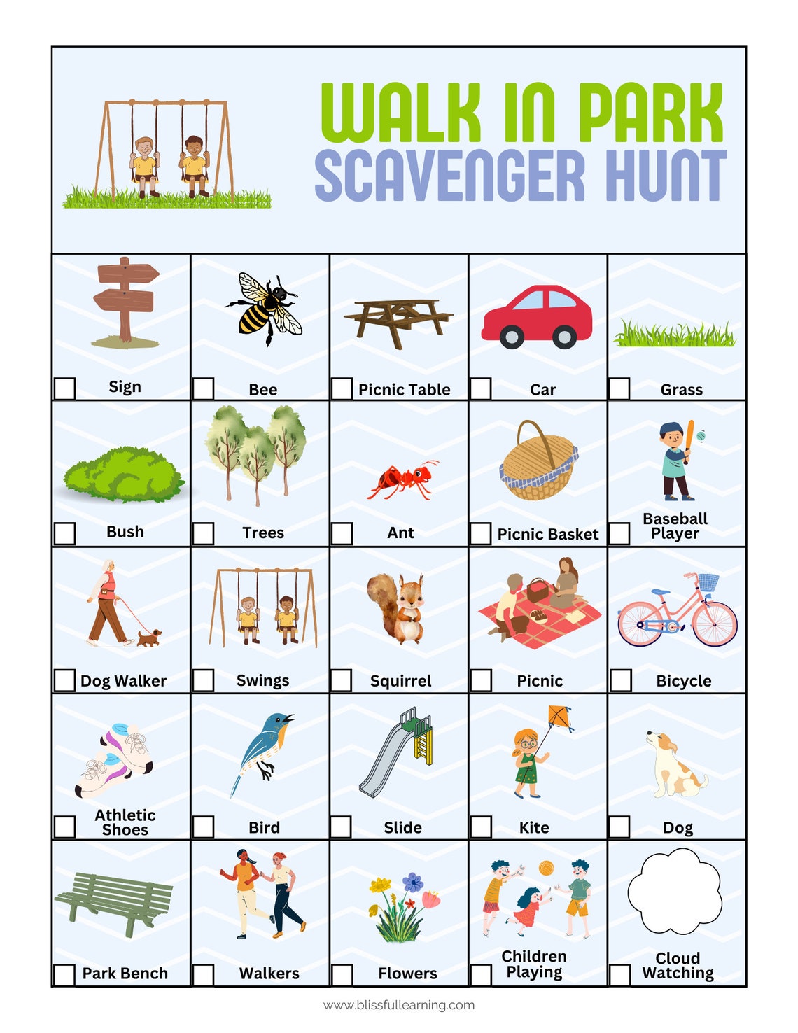 Walk in the Park Scavenger Hunt for Kids Printable, Outdoor Scavenger ...