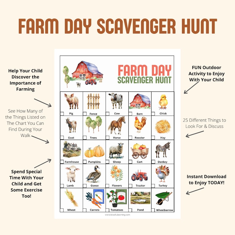 Farm Day Scavenger Hunt for Kids Printable, Farm Visit Game for ...