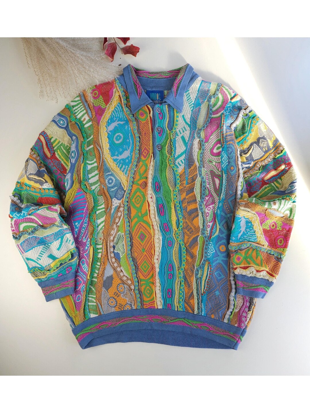 Vintage Limnos Australia Crazy Pattern Polo Collar 3D Textured Abstract ...