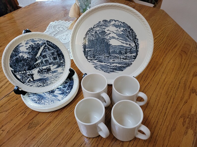 Vintage Currier & Ives Blue Dinnerware by Royal China Company. (9 Piece ...