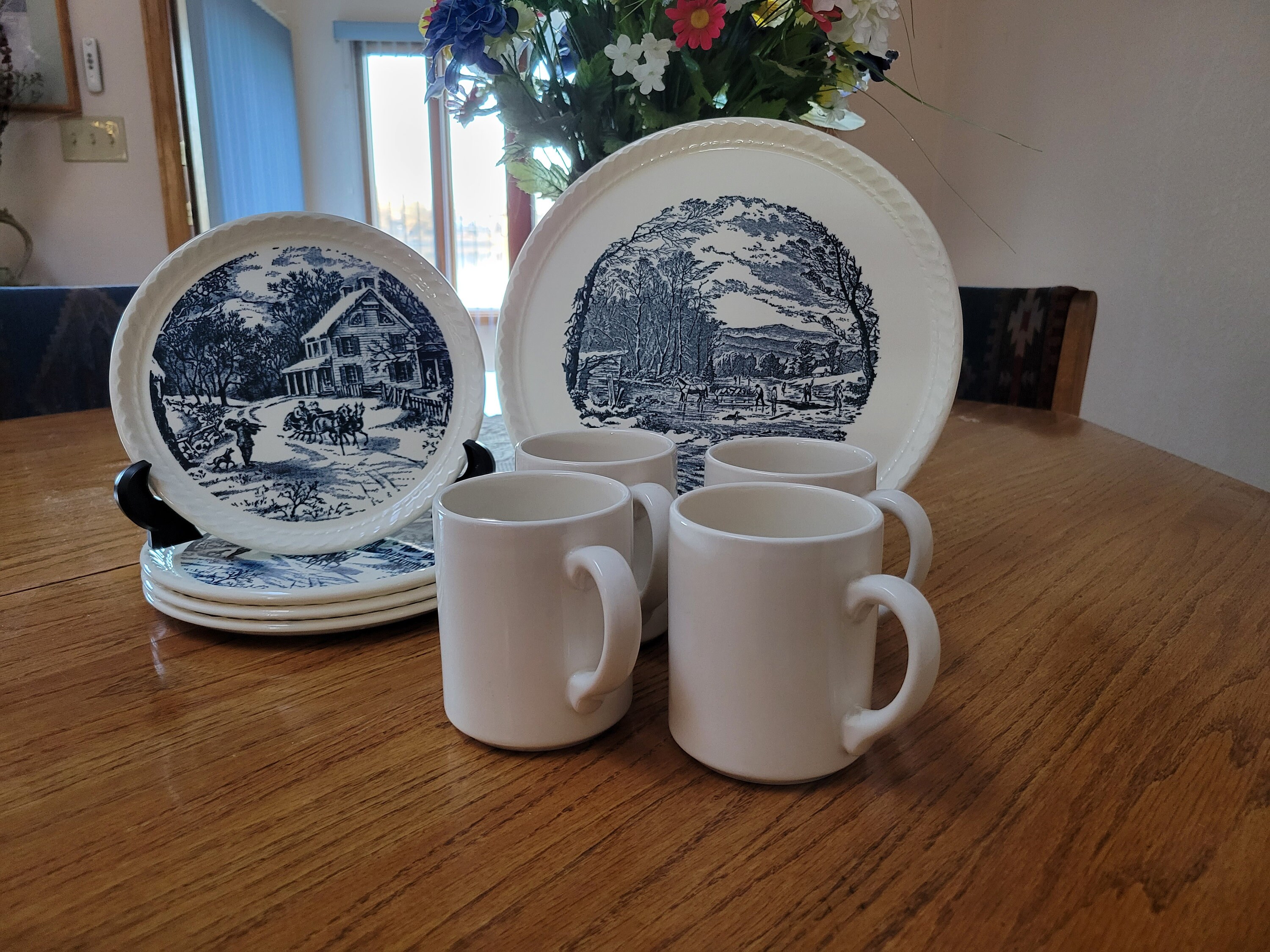Vintage Currier & Ives Blue Dinnerware by Royal China Company. (9 Piece ...
