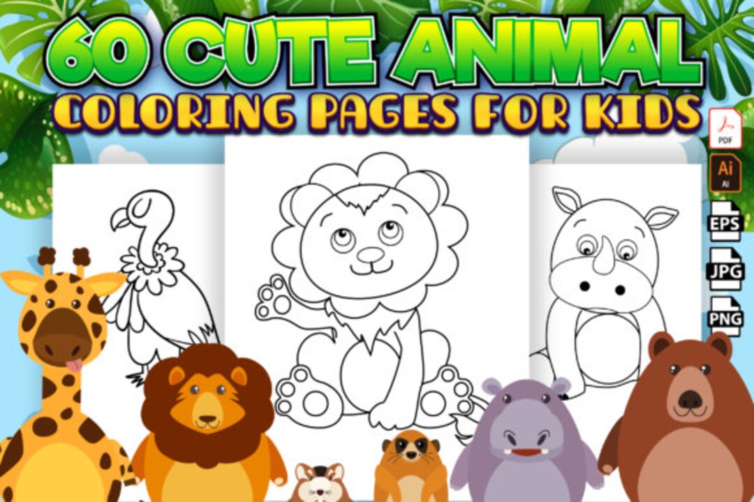 CUTE ANIMALS KIDS Coloring Book Instant Download 50 Pages Activities ...