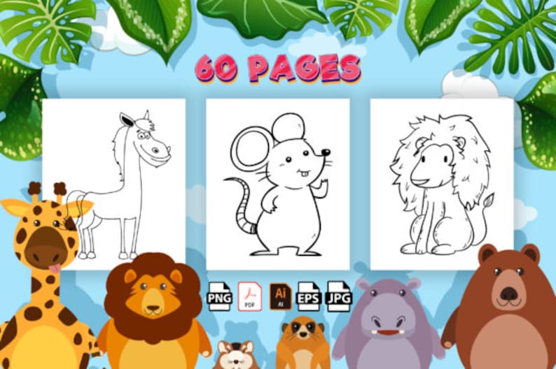 CUTE ANIMALS KIDS Coloring Book Instant Download 50 Pages Activities ...