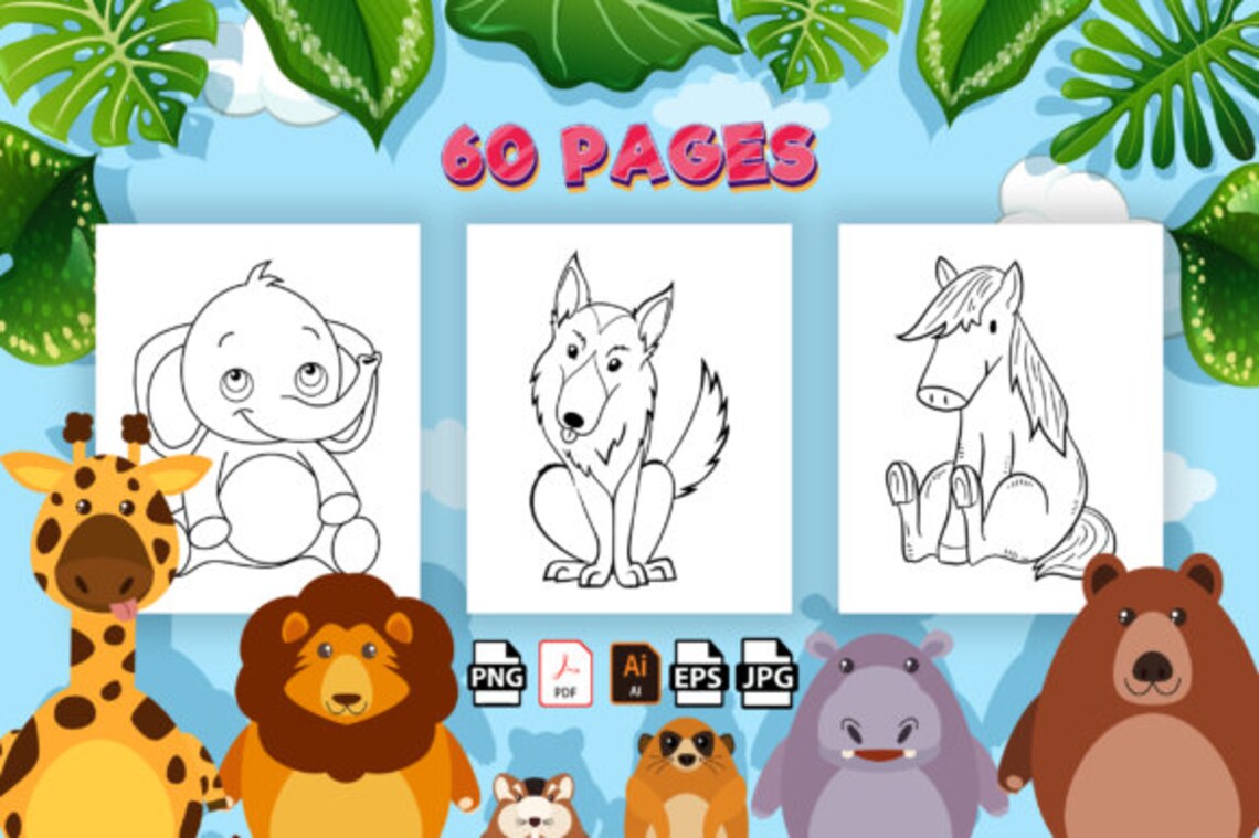 CUTE ANIMALS KIDS Coloring Book- Instant Download - 50 Pages ...