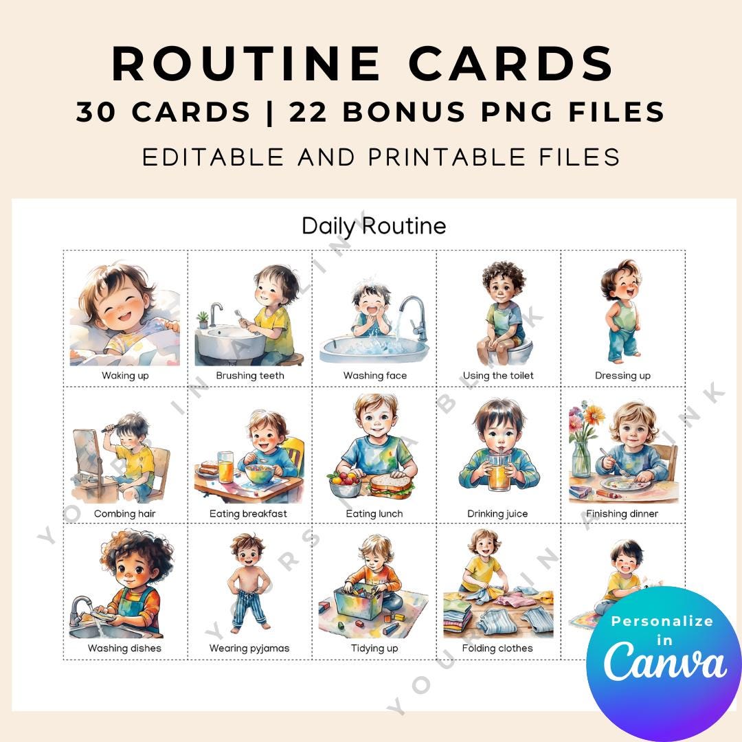 Kids Daily Routine Cards & Watercolor Visual Schedule – Morning Routine ...