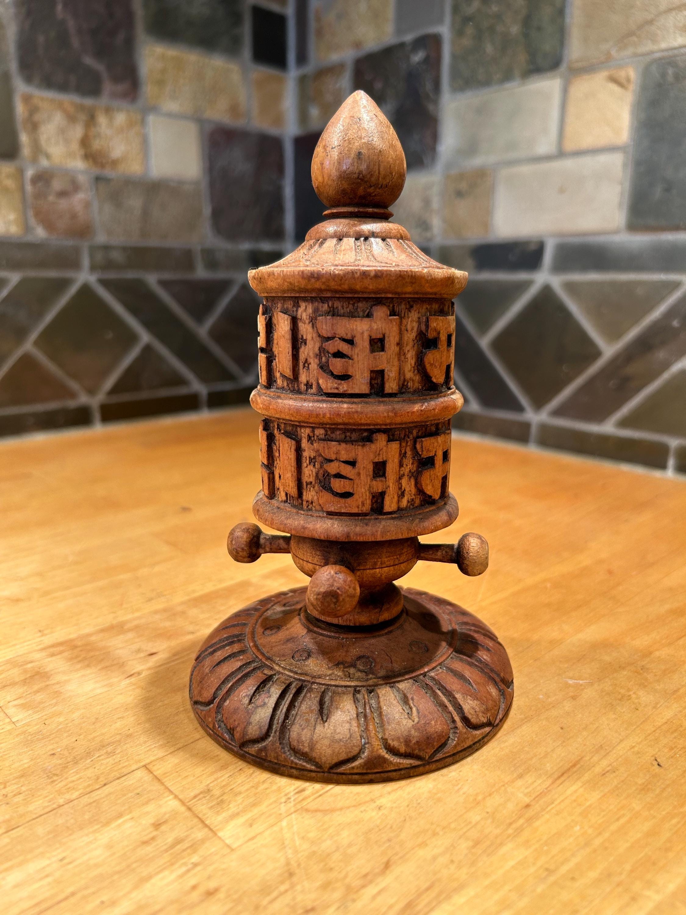 Carved Wood Vintage Tibetan Prayer Wheel Spinning Wheel Dharma Mantra ...