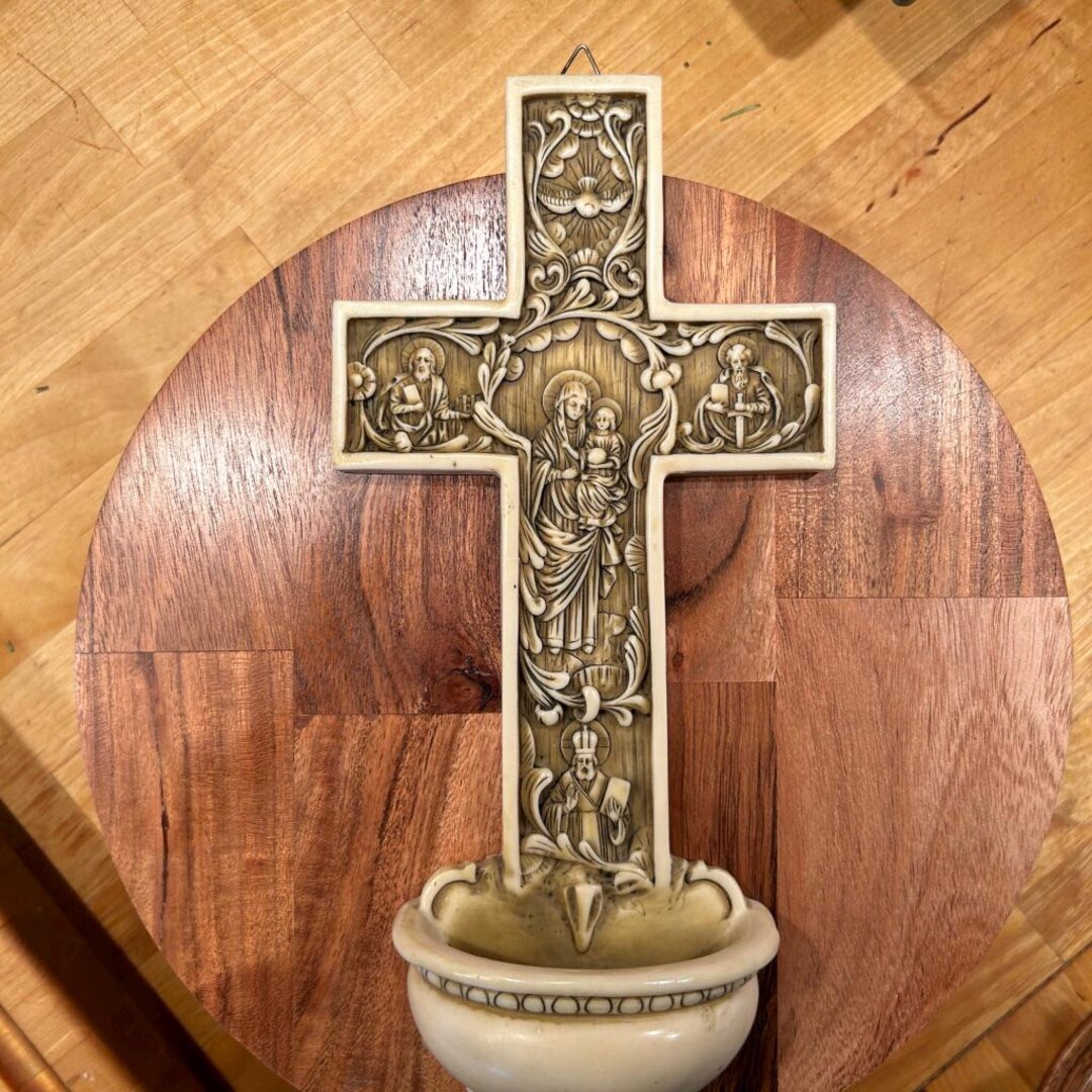 Vintage Holy Water Font Stoup Madonna and Child Carved Alabaster With ...
