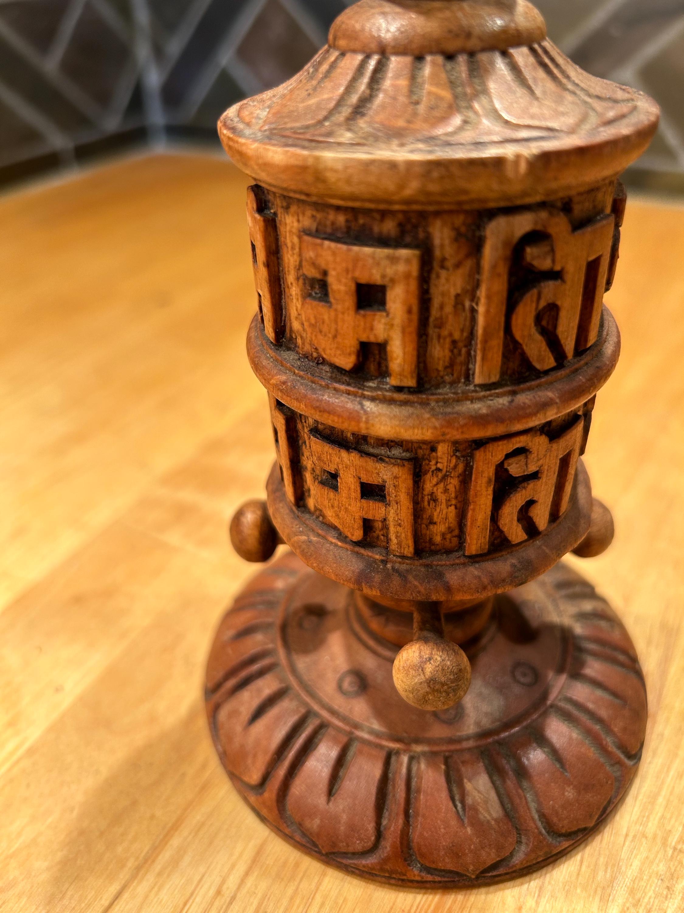 Carved Wood Vintage Tibetan Prayer Wheel Spinning Wheel Dharma Mantra ...