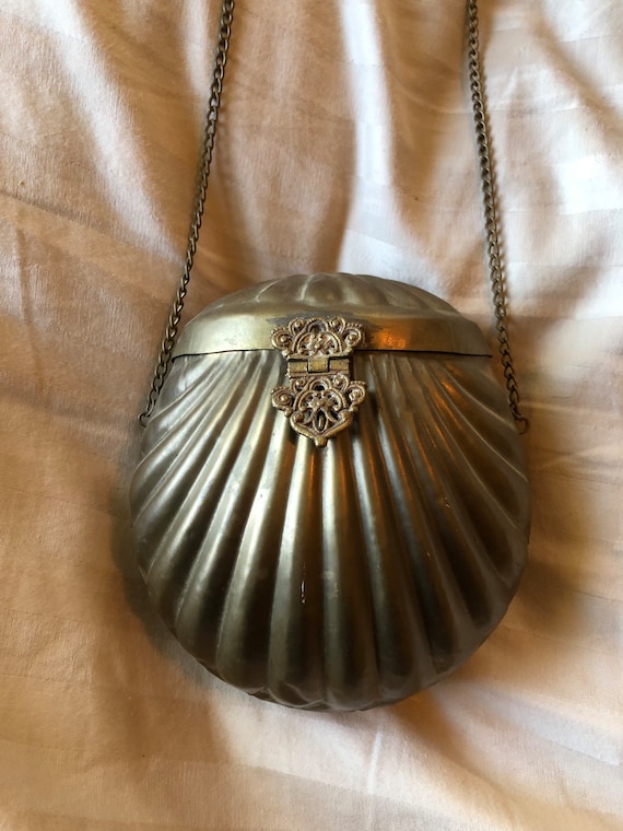 Antique Brass Clamshell Purse Lined With Royal Purple… - Gem