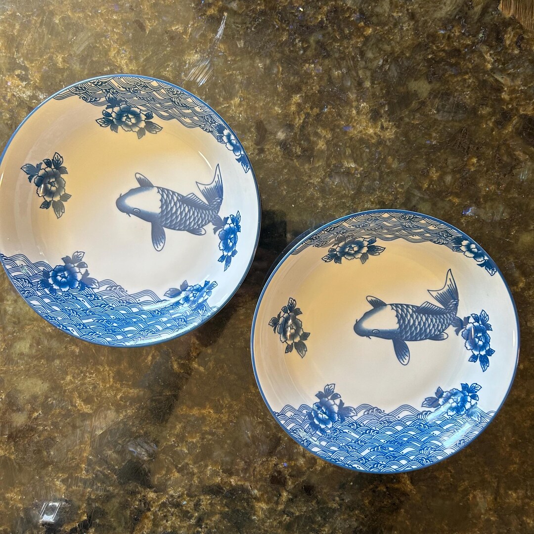 Pair of Blue and White Koi Fish Design Porcelain Bowls, 8" Serving ...