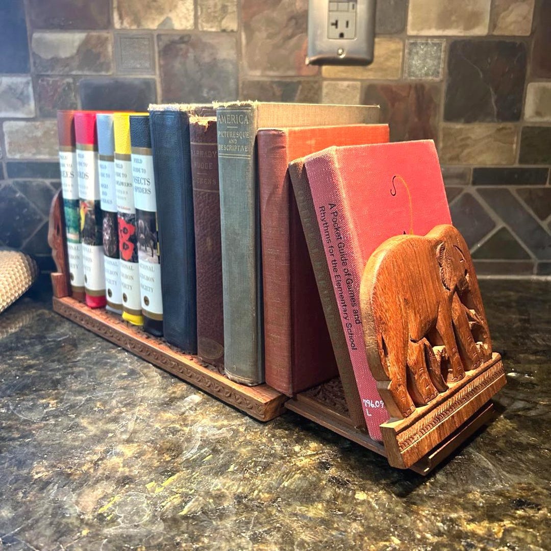 Vintage Carved Expandable Book Holder Elephants Wood Bohemian Made in ...