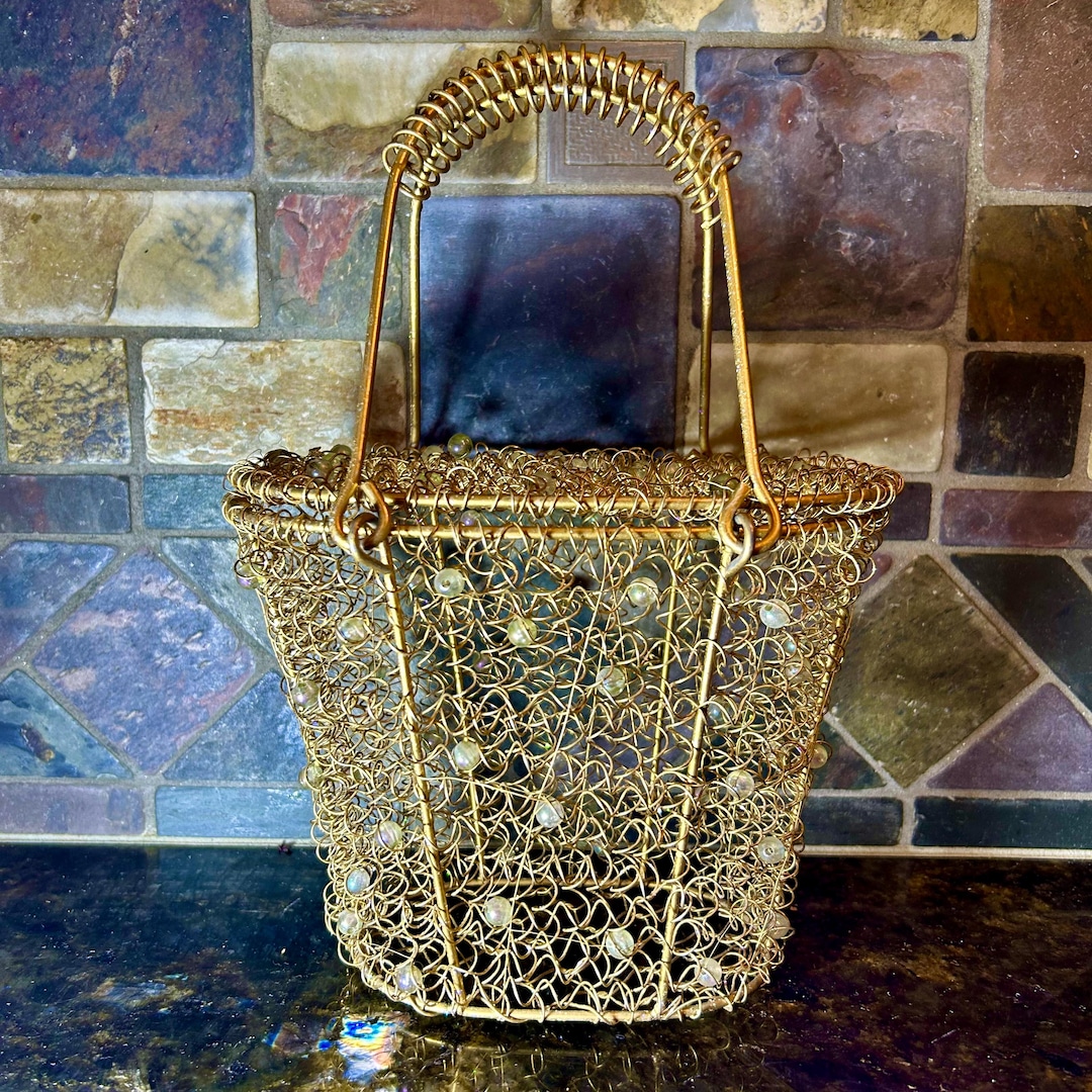 Mid Century Modern Chicken Wire Metal Handbag Beaded Wire Two Handled ...