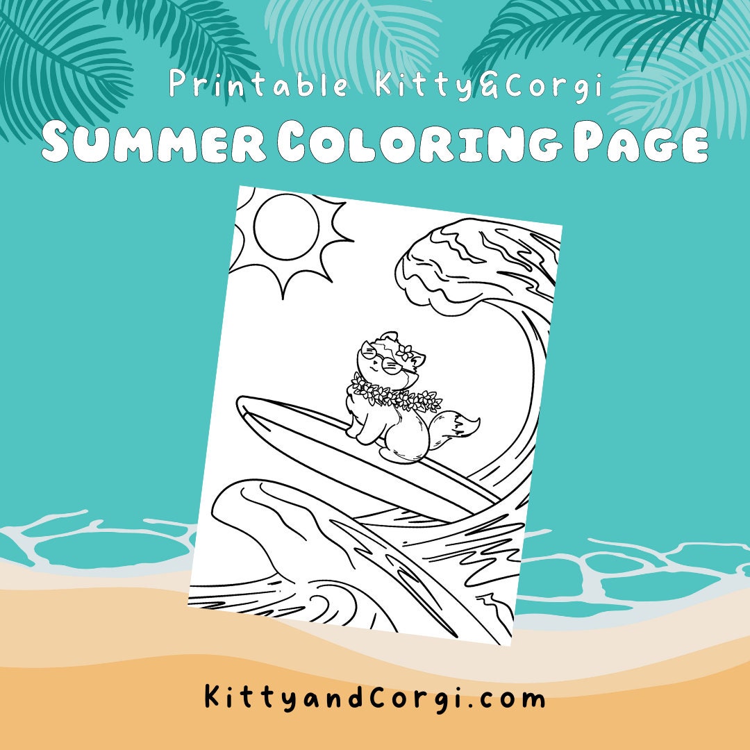 Printable Summer Coloring Page Cool Kitty Surfing a Wave Kitty&corgi ...