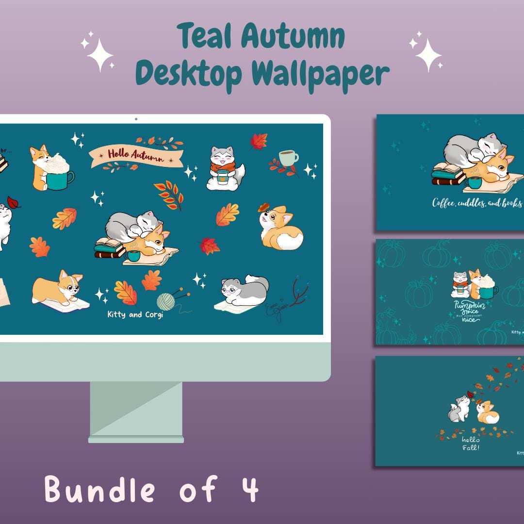 Teal Wallpaper Bundle - Kitty and Corgi Cozy Fall Vibes 4k Wallpaper - Etsy
