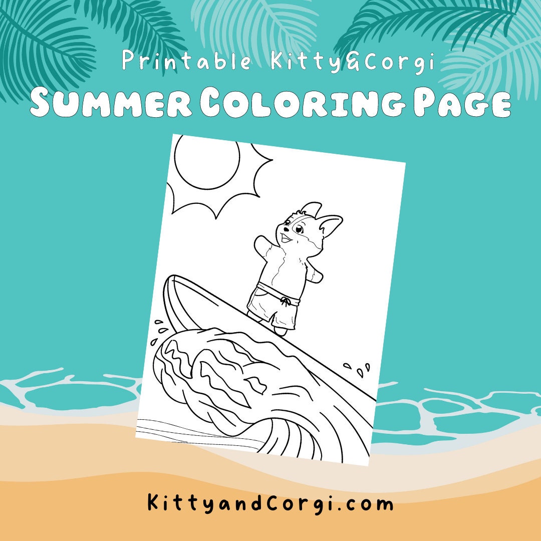 Printable Summer Coloring Page Corgi Surfing a Gnarly Wave - Etsy