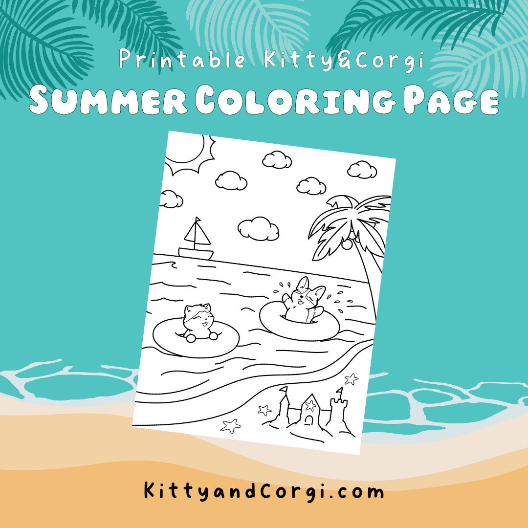 Printable Summer Coloring Page Kitty&corgi Playing in the Ocean - Etsy