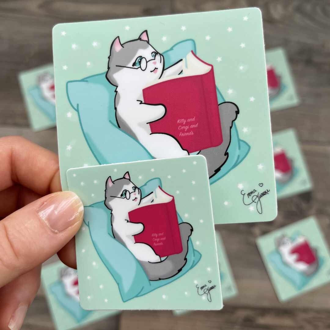 Kitty Reading a Book - 2 Inch or 3-inch Vinyl Sticker - Waterproof ...